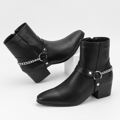 Men Pointy Toe Chelsea Boots Chains Cuban Heel British Cowboy American ...
