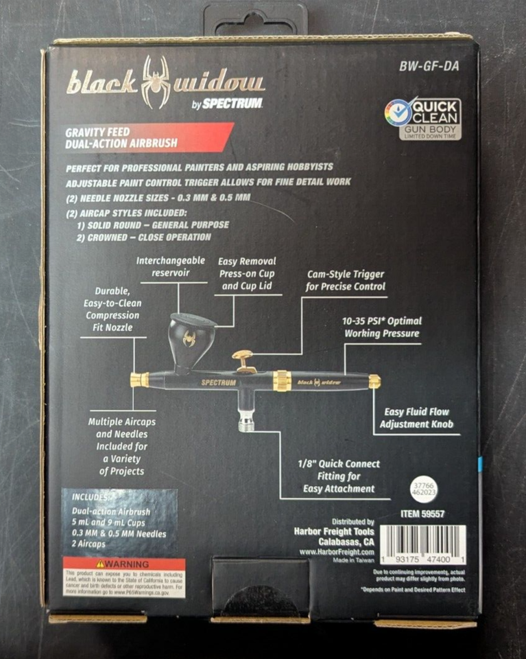 Spectrum Black Widow Gravity Feed Dual-Action Airbrush BW-GF-DA #59557 ...