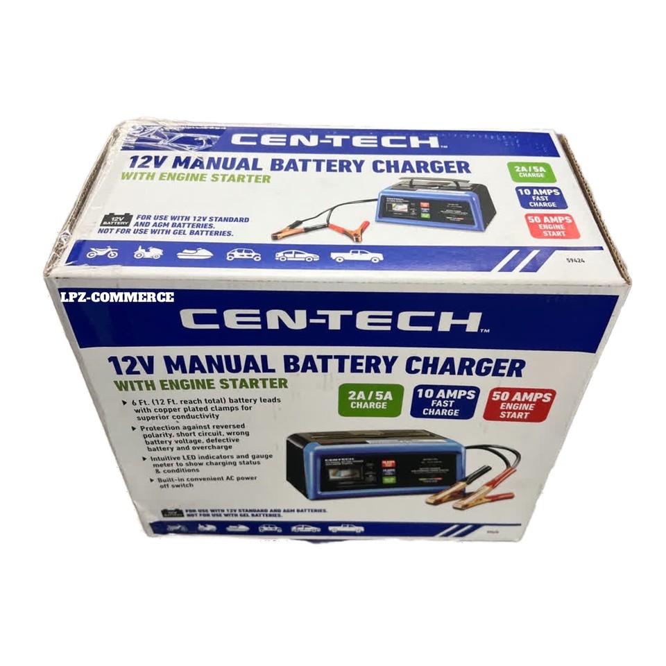 BRAND NEW CEN-TECH 2/10/50A 12V Manual Charger With Engine Start | eBay
