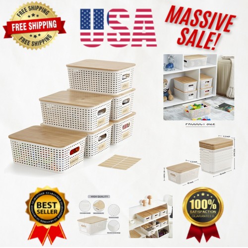 Durable Cream White Bamboo Storage Bins - 5.2qt Stackable Organizers ...