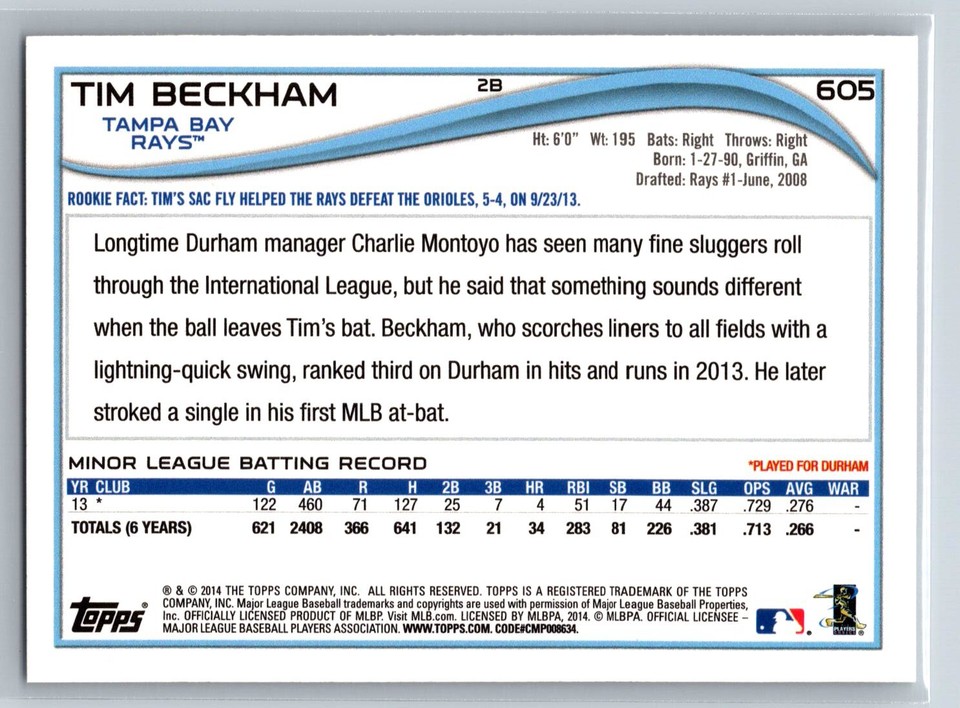 2014 Topps Tim Beckham Rookie Tampa Bay Rays RC #605 | eBay