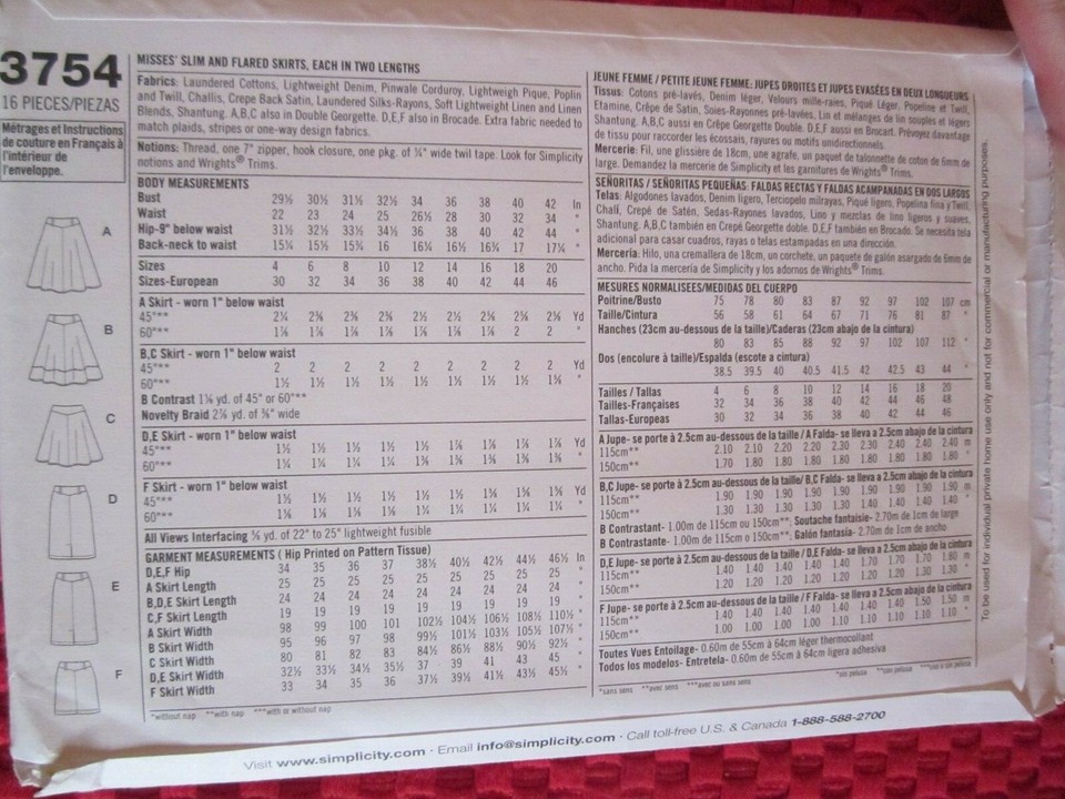 SIMPLICITY 3754 Misses' SKIRT Straight FLARED Easy Sewing Pattern SZ 4 ...