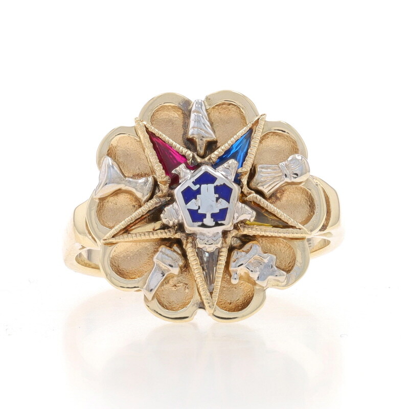 Yellow Gold Eastern Star Ring - 10k Lab-Created Gemstones & Enamel OES ...