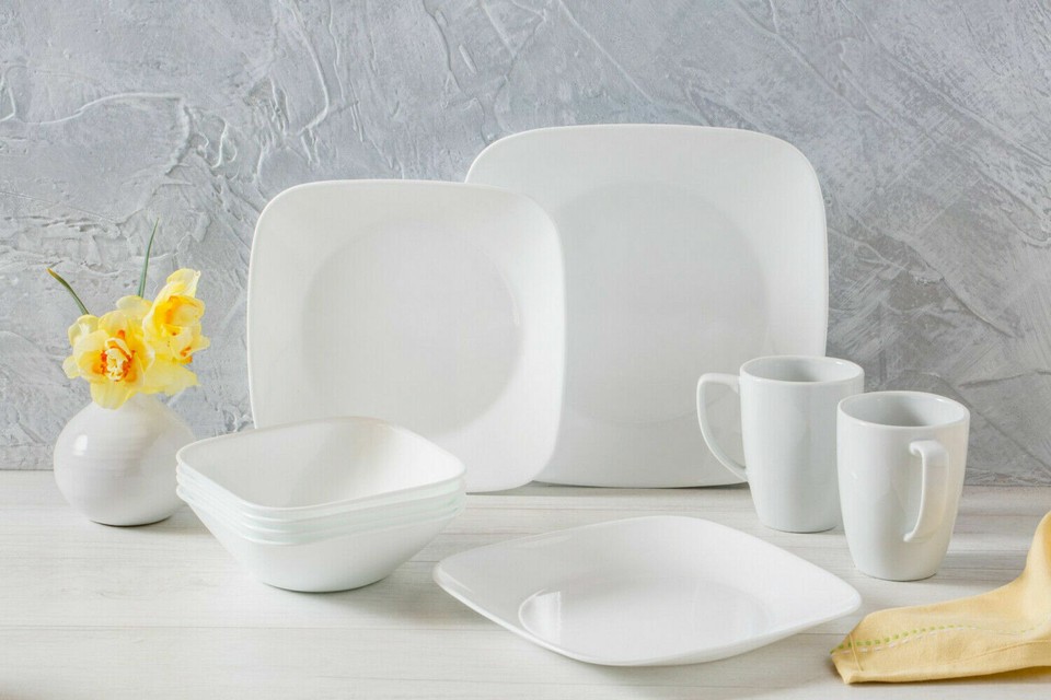 16-pc Corelle PURE WHITE SQUARE Dinnerware Set *Dinner Lunch Plates ...