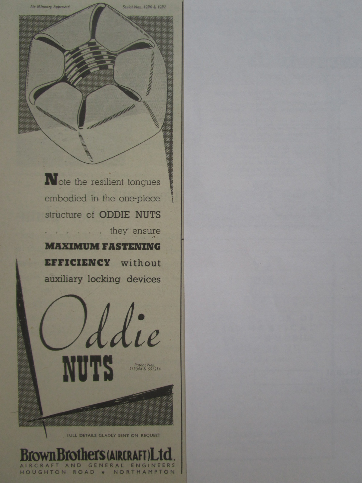 8/1947 PUB BROWN BROTHERS AIRCRAFT ODDIE NUT BOLT BOULON VISSERIE ...