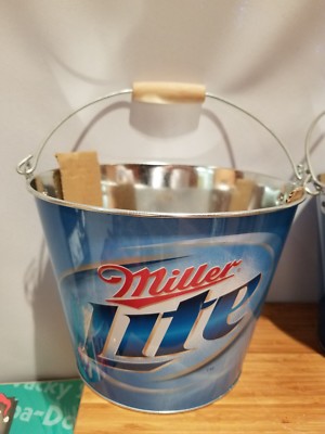 (1) Miller Lite Ice Bucket Party Drink Beer Holder Pail mancave w wood ...