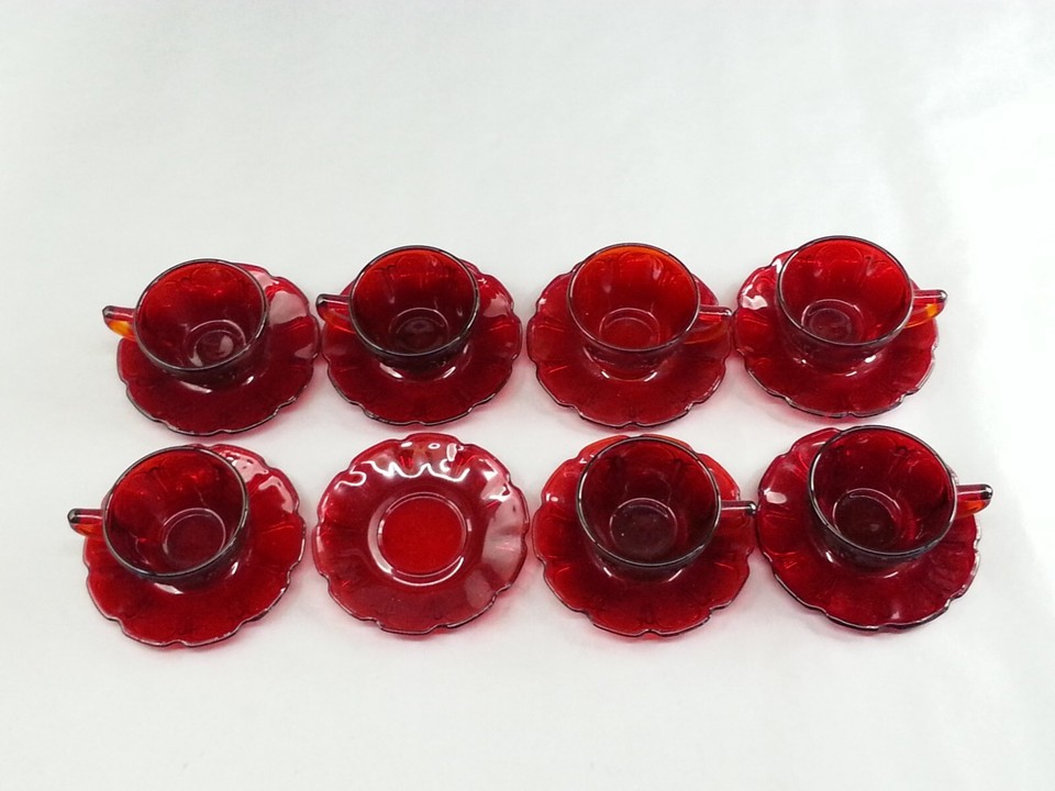 15pc 7 Cup And 8 Saucer Set Glass Amberina Color Cherry Pattern | eBay