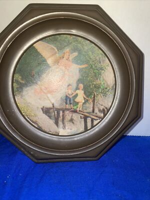 Angel Hovering Over Boy & Girl Octagon Framed(Plastic) # 84- See Pics ...