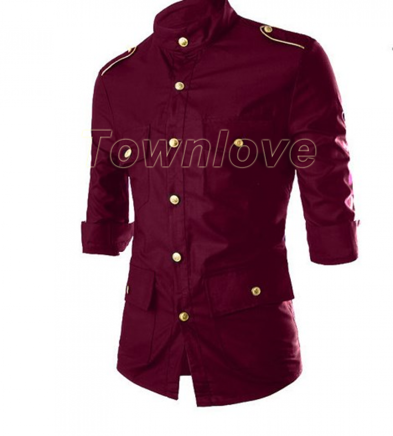 Mens Retro Epaulette Pocket Slim Fit Dress Shirts Casual 3/4 Sleeves ...