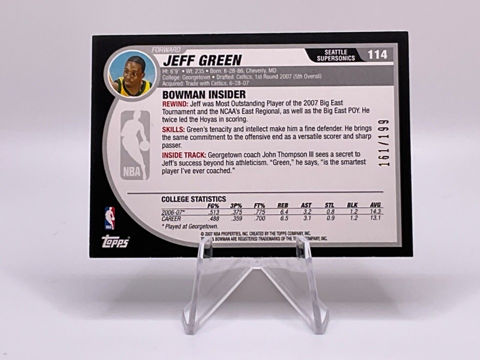 Jeff Green 2007-08 Bowman Draft Picks & Stars #114 Silver /199 RC ...