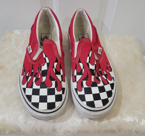 Vans Sho Racing Red Checker Flame Classic Slip On Mens 5.5 Womens 7 | eBay