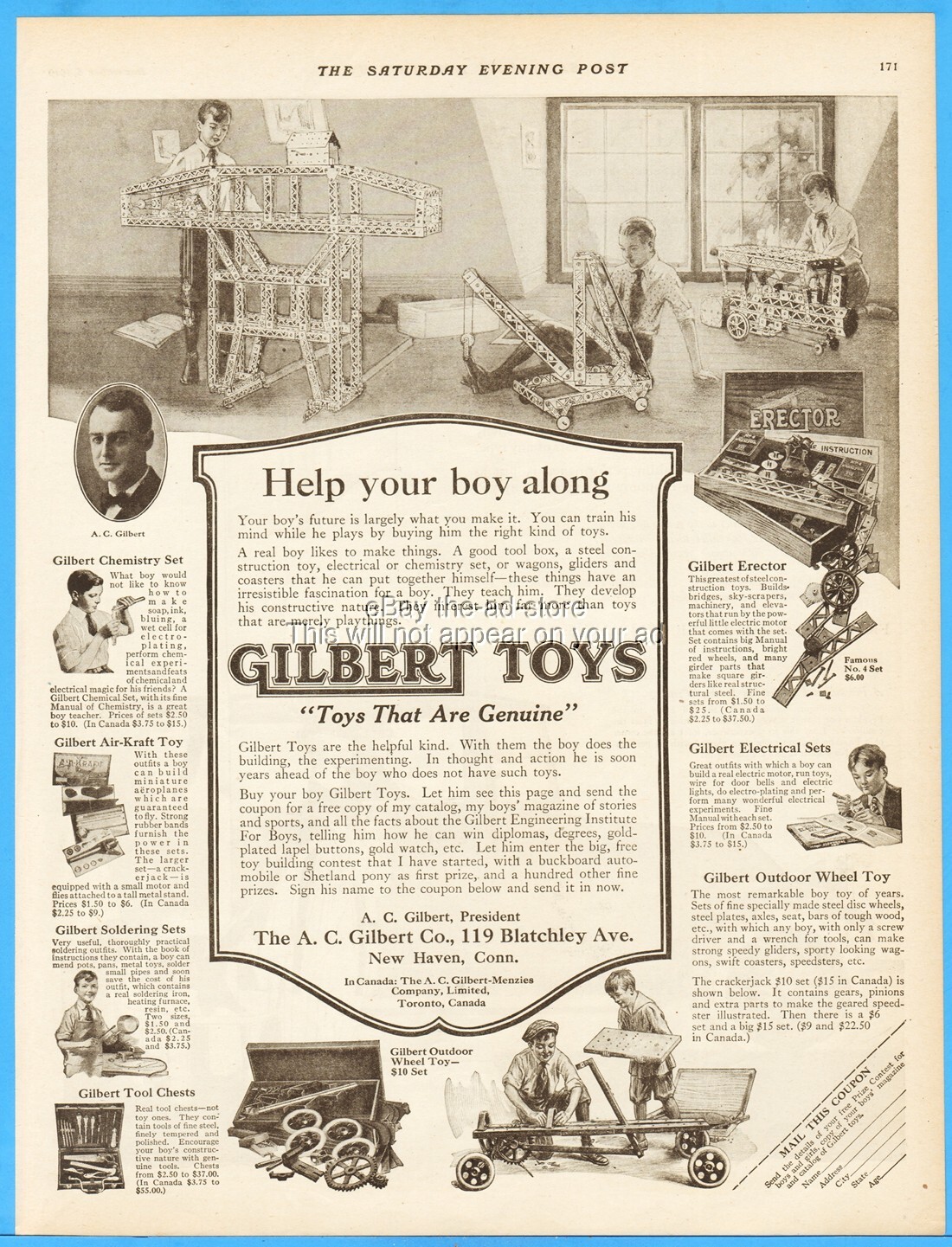 1919 Gilbert Toy Antique Ad Erector Set Air-Kraft Chemistry Tool Chest ...