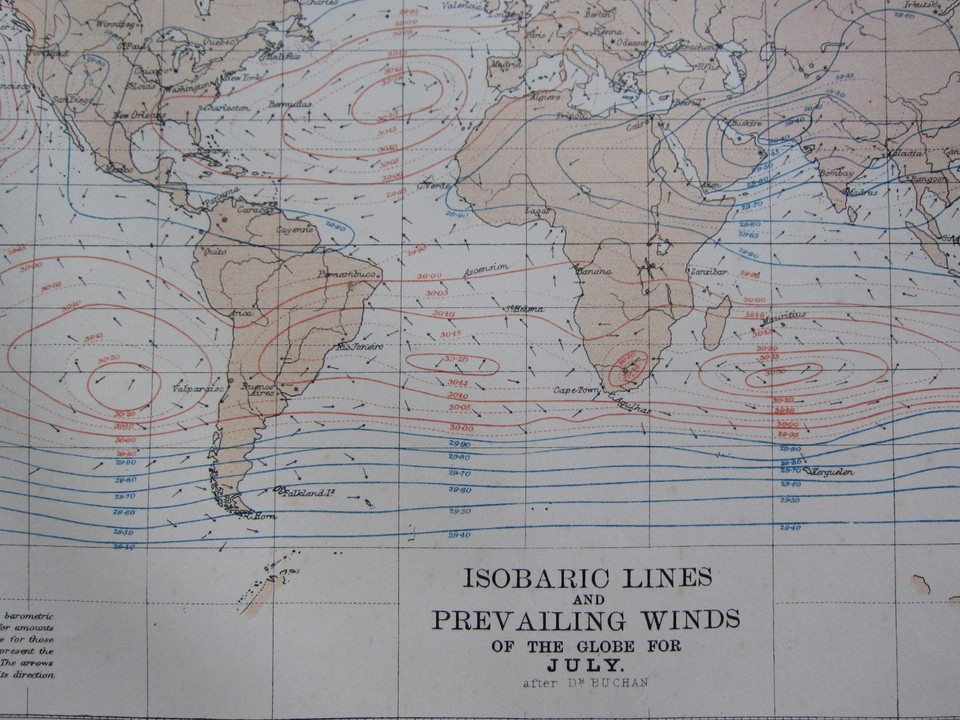 1897 VICTORIAN MAP ~ ISOBARIC LINES & PREVAILING WINDS OF THE GLOBE ...