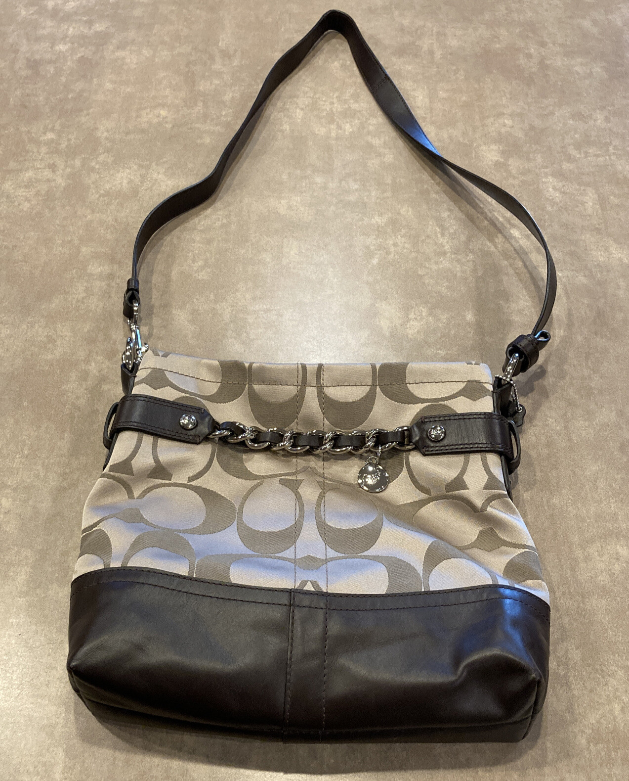 Coach~Tan SIGNATURE LOGO Leather Trim Chain Crossbody… - Gem