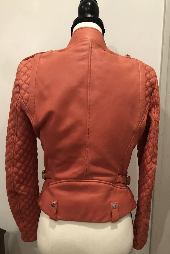 Barbara Bui Quilted Leather Motorcycle Jacket OrangeR… - Gem