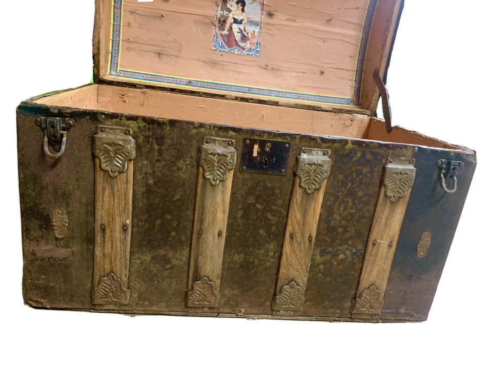 ANTIQUE 1800s STEAMER TRUNK VINTAGE HUMPBACK STAGECOACH CHEST TRAY 18 X ...