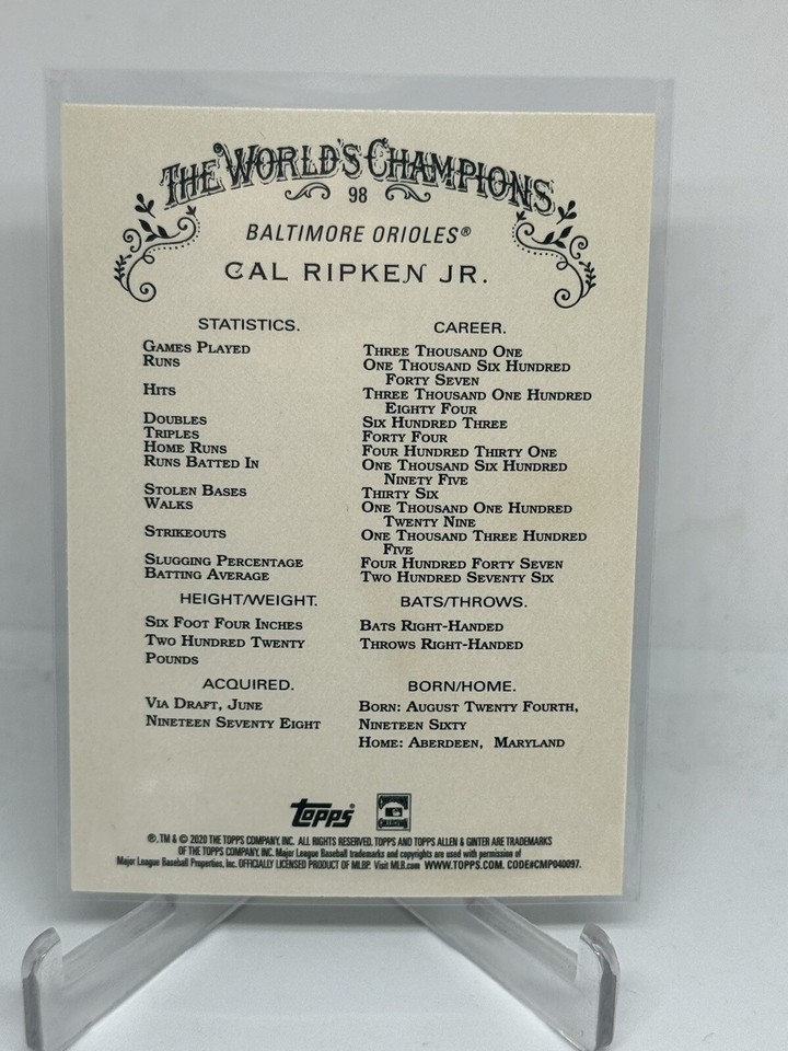 Cal Ripken Jr. 2020 Topps Allen & Ginter HOT BOX SILVER Baltimore ...