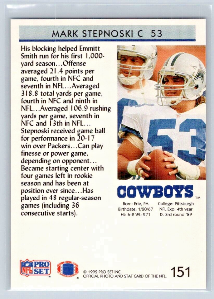 1992 Pro Set Football - Mark Stepnoski - Dallas Cowboys - Base - #151 ...