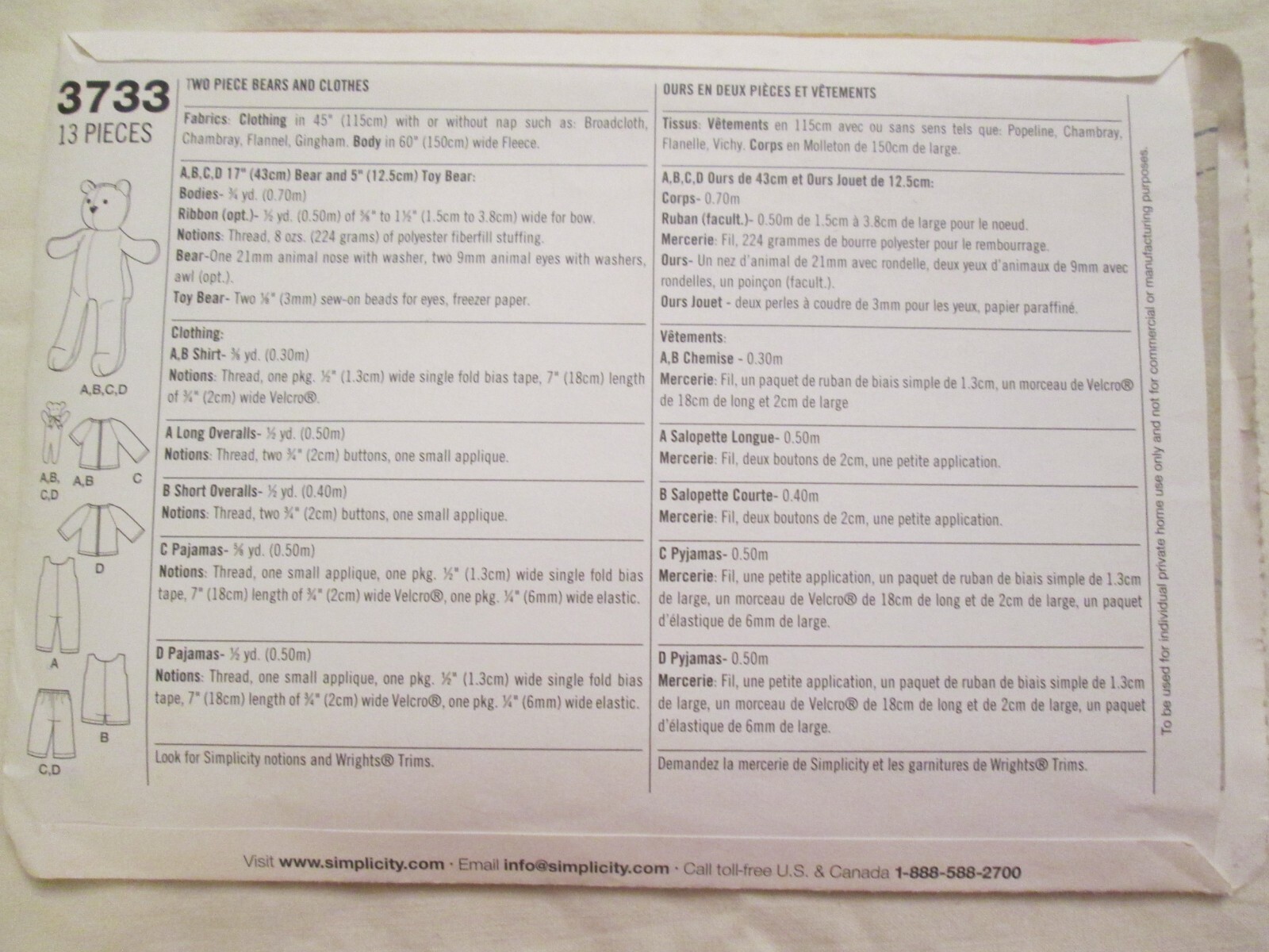 Simplicity Sewing Pattern 3733 Two Piece Bears & Clothes for sale ...