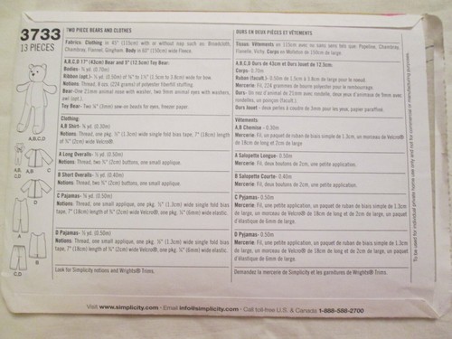 Simplicity Sewing Pattern 3733 Two Piece Bears & Clothes for sale ...