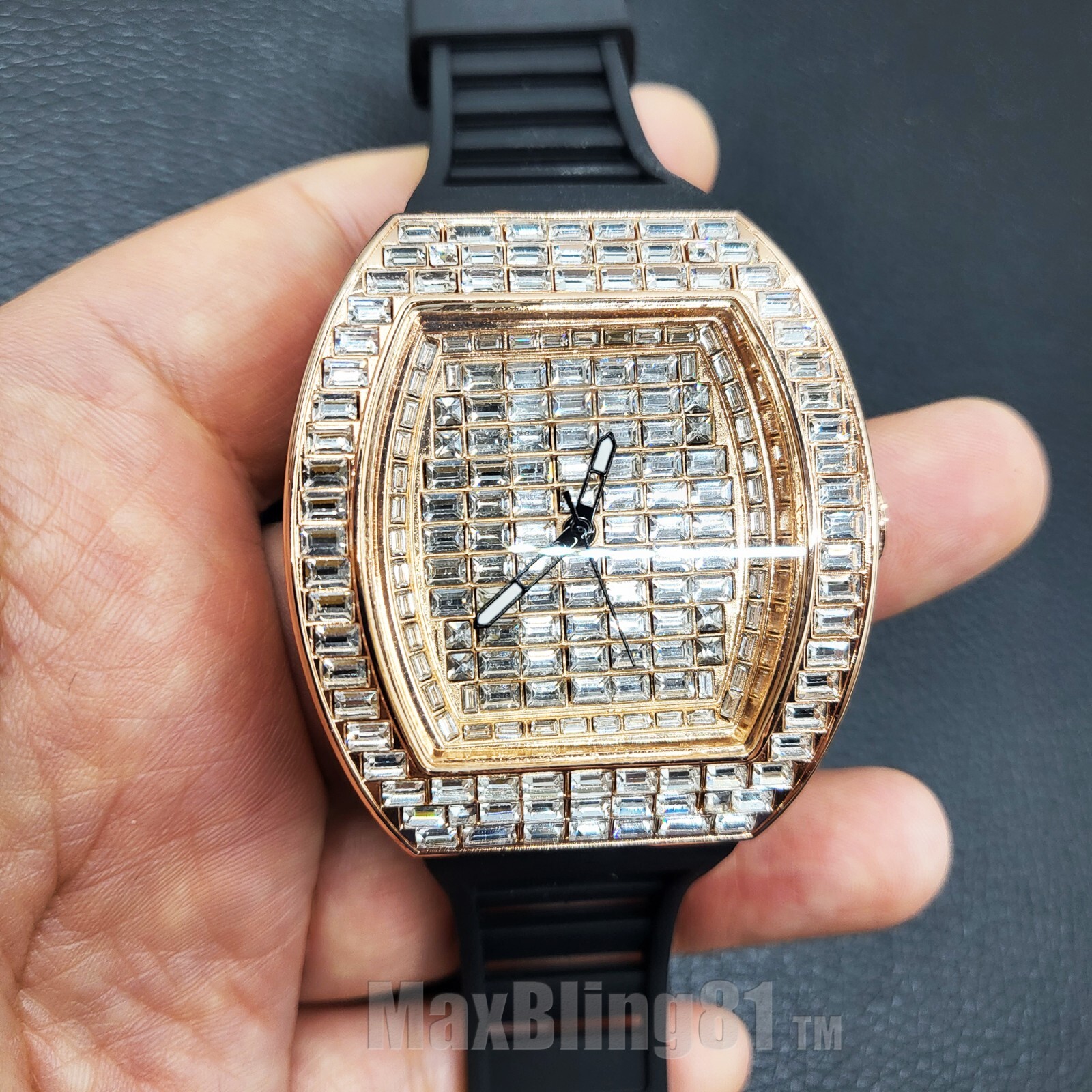 Men Luxury Watch Iced Bling Rapper Baguette Stone Silicone Band Fashion ...