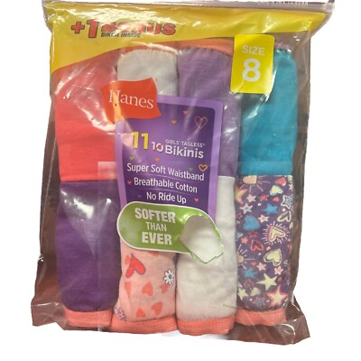 HANES GIRLS TAGLESS BIKINIS 11 Pack FLORAL HEARTS VARIED COLORS SIZE 8 ...