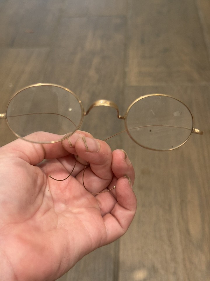 Antique 14K Solid Yellow Gold Wire Rim Round Eyeglasses Vtg Spectacles ...