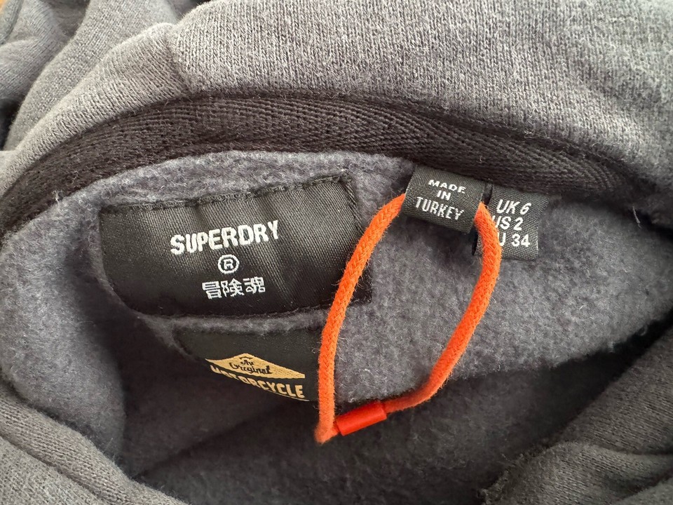 SUPERDRY Size UK 6 Hoodie Grey With Gold Bronze Writing Text Logo ...
