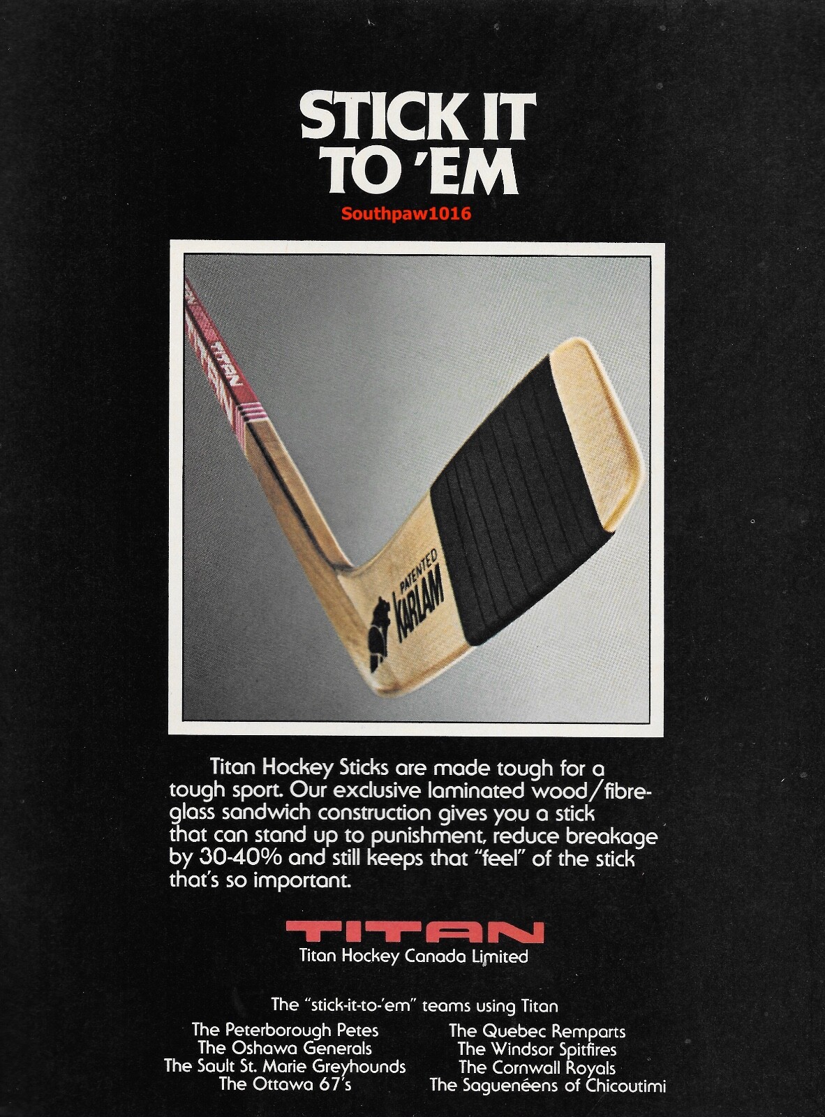 1978 Titan Hockey Sticks Canada "Stick It To 'Em" Original Print Ad. | eBay