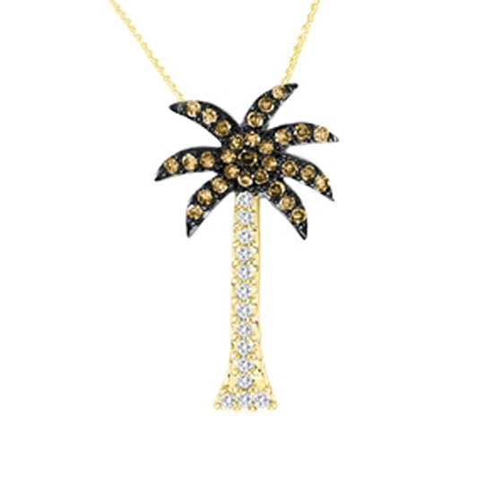 14K Yellow Gold 1/10Ct Brown Diamond Coconut Palm Tree Pendant w/18 ...