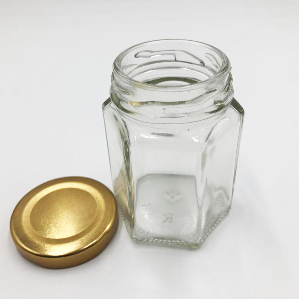 24 x Hexagon Shaped Glass Jar Clear Gold Screw Top Lid Lolly Storage ...