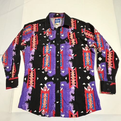 Vintage Wrangler Brushpopper Aztec Pearl Snap Western Cowboy Checotah ...