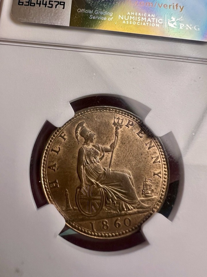 1860 Beaded Border Queen Victoria Bun Head Half Penny Coin NGC Ms63 GB ...