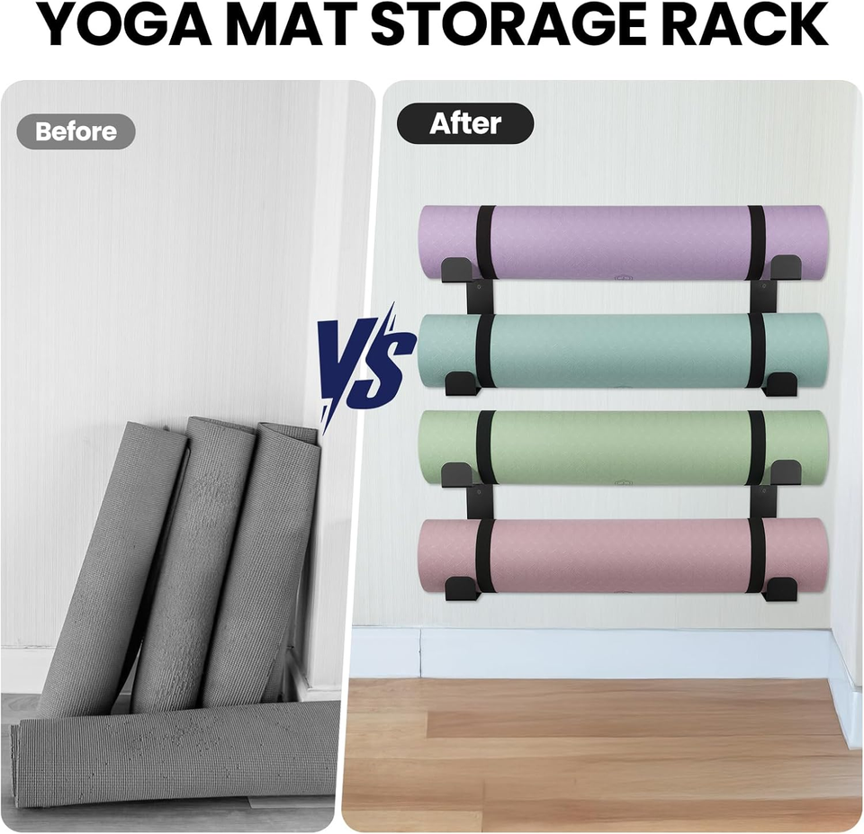 4 Tier Yoga Mat Holder Wall Mount Storage Rack Heavy-Duty Steel ...