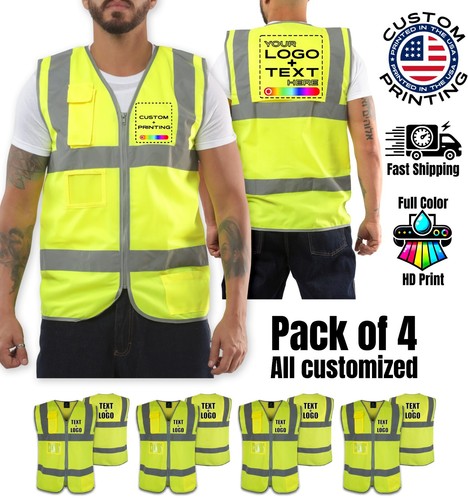 Pack of 4 Custom Hi-Vis Safety Vests – Full-Color Personalized Print | eBay