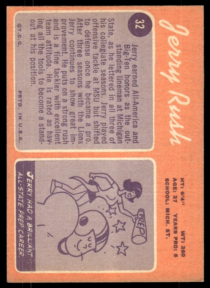 1970 TOPPS JERRY RUSH RC DETROIT LIONS #32G | eBay