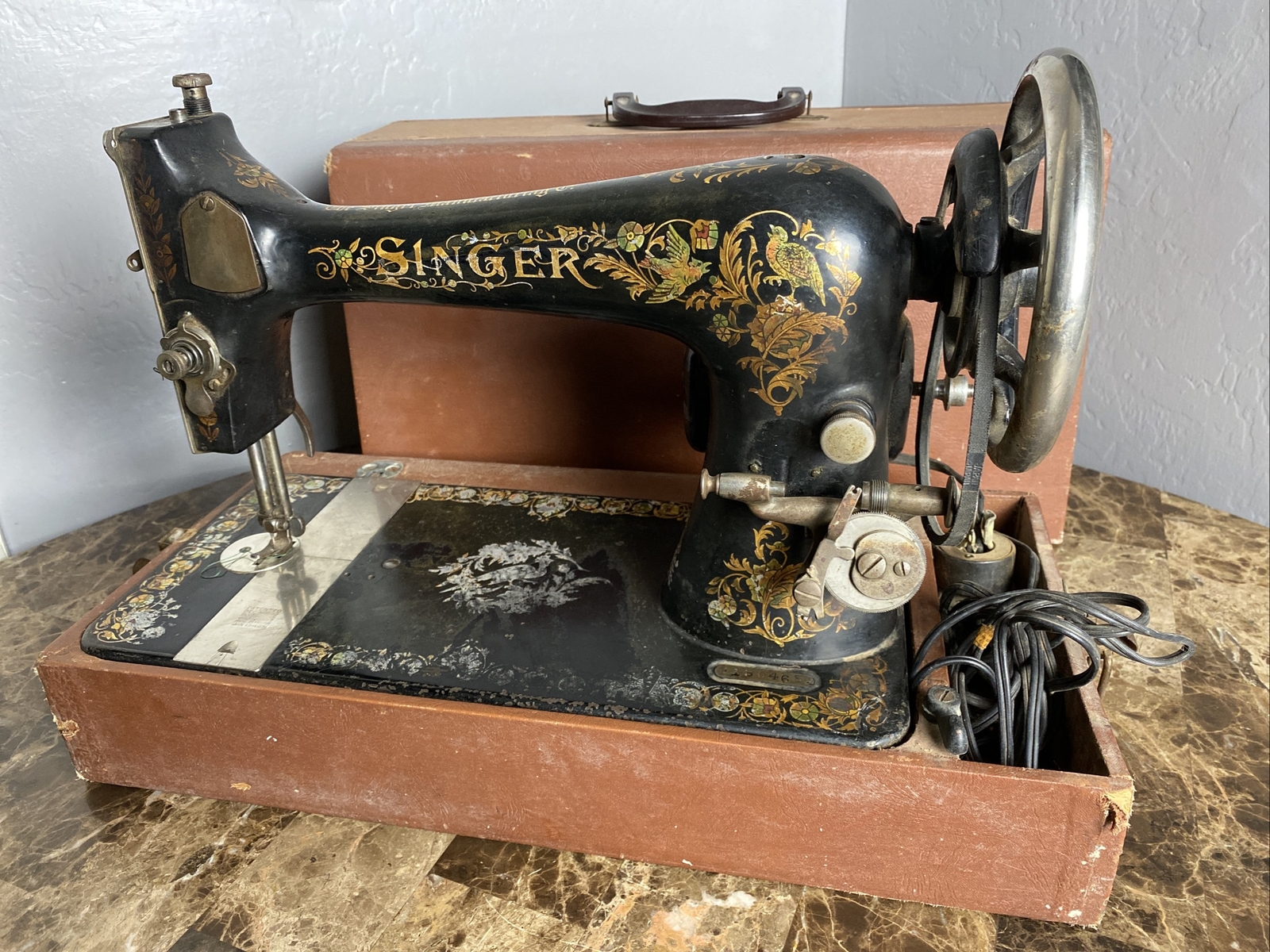 Singer Antique 1907 Model 27 Sewing Machine w Case Pheasant Design Rare ...