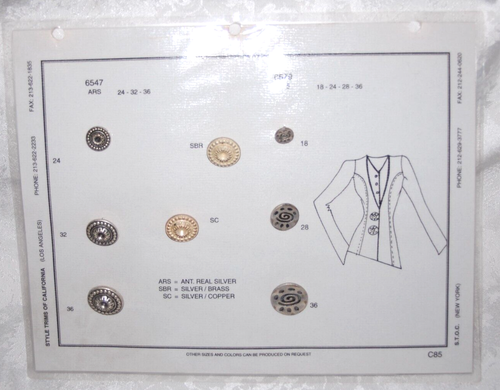 Salesman Sample Card of Buttons C85 from Style Trims of California 8 ...