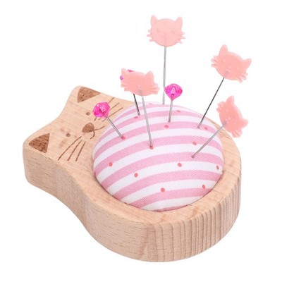 Pin Cushion Sewing Kit With Cat Jewel Head Pins Wooden Base Pink Strip ...