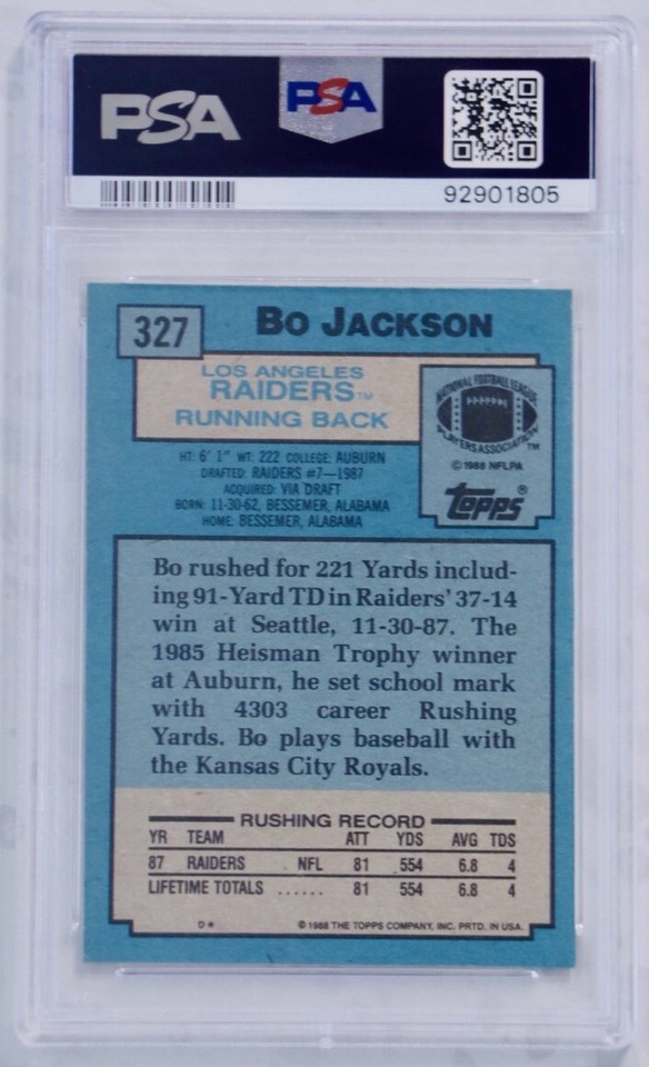 1988 Topps Bo Jackson Super Rookie RC #327 PSA 7 Near Mint Oakland ...