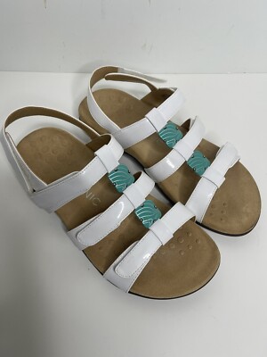 Vionic Women's Amber White blue jewel Patent Leather 3-Strap Sandals ...