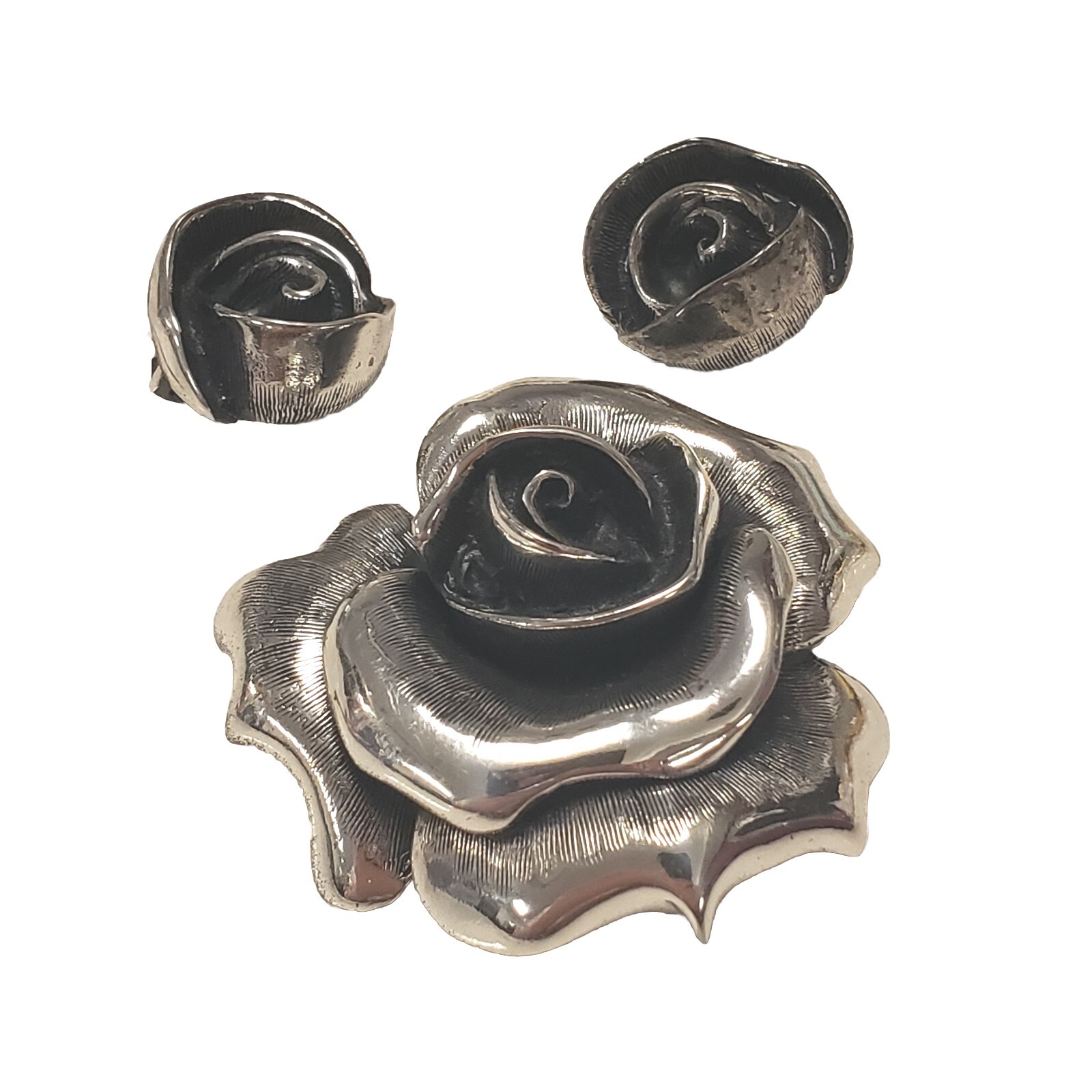 LARGE Signed TORTOLANI Textured Silver Tone ROSE Brooch Clip Earring ...