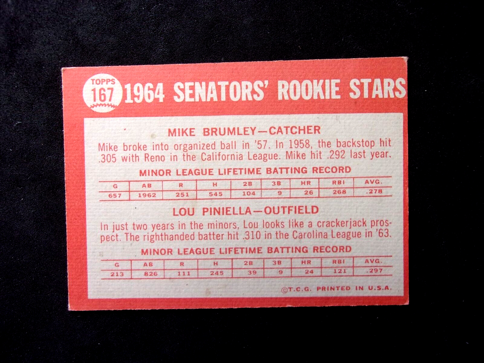 ROOKIE 1964 TOPPS #167 SENATORS LOU PINIELLA,,NO CREASES | eBay