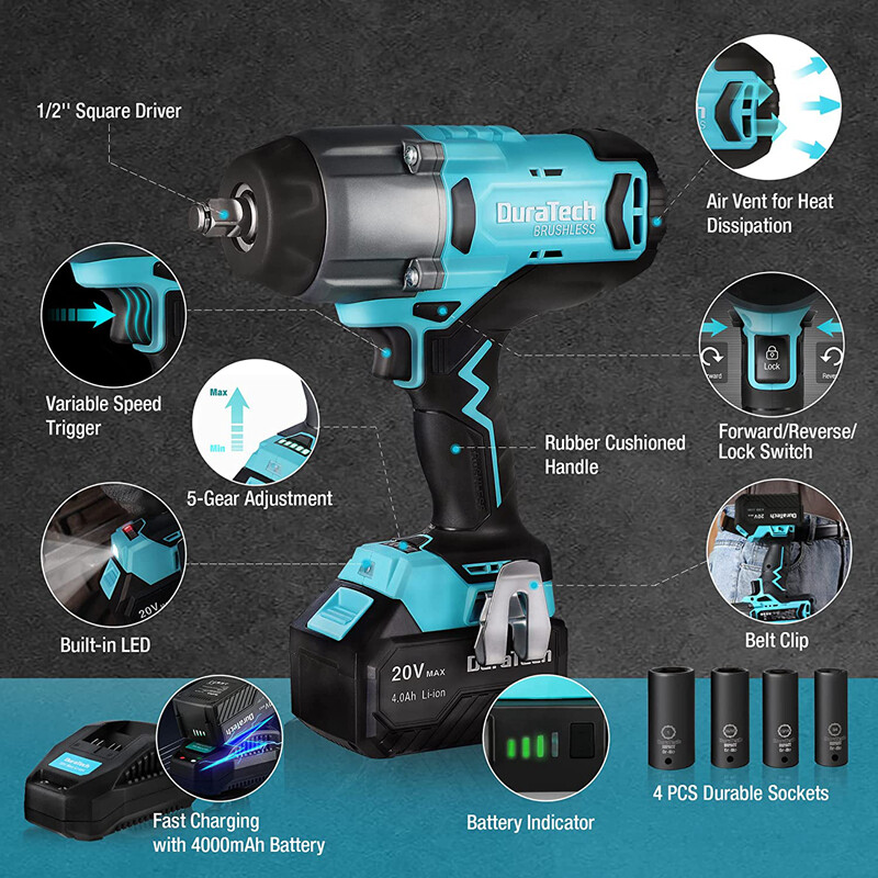 DURATECH Cordless Impact Wrench Sets 20V 1/2" Brushless Impact Driver ...