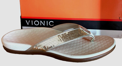Vionic TideSQ Gold Sequin Orthotic Thong Orthaheel Flops Women's Sz 8 ...