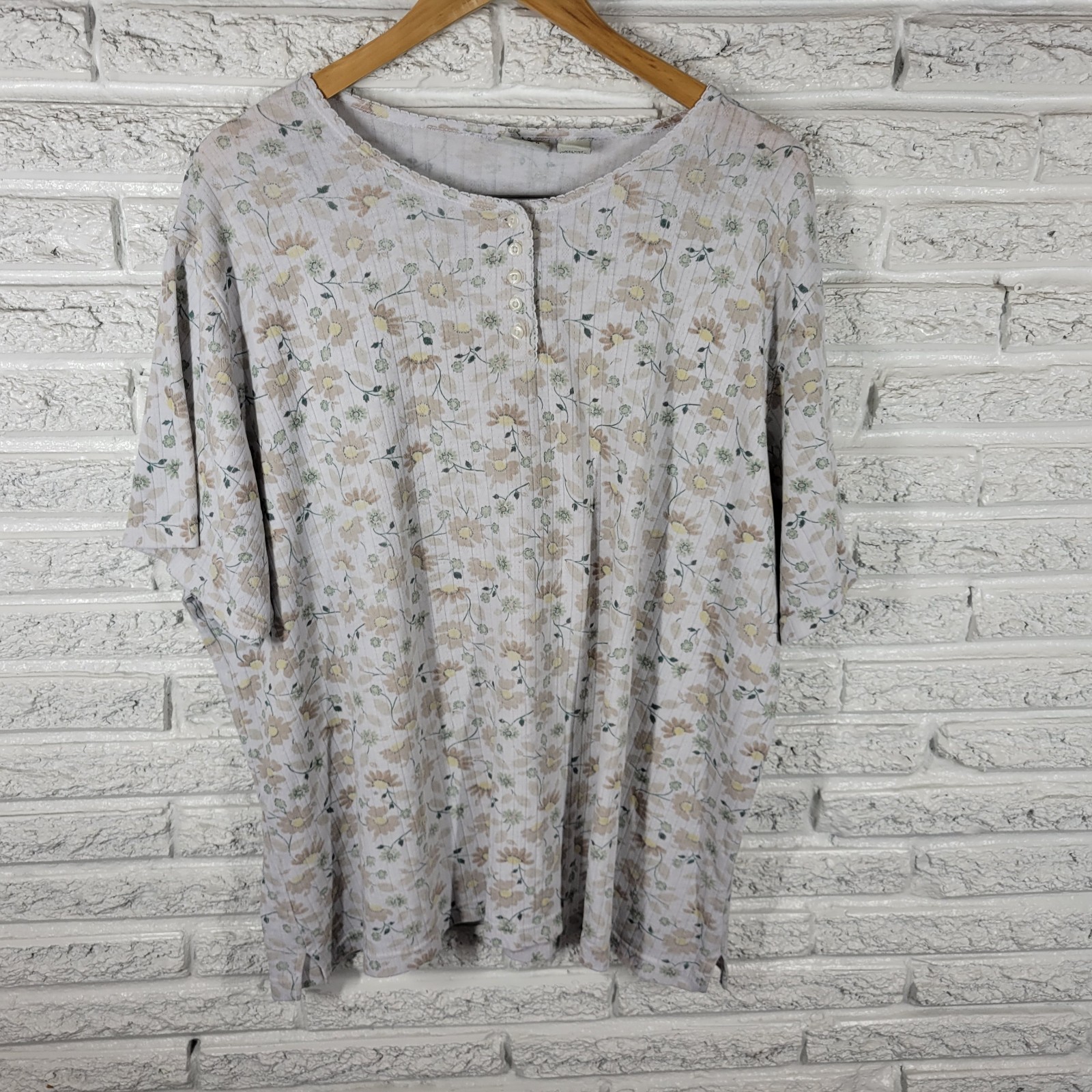 Classic Elements Womens Top 3X Plus Short Sleeve Beige Floral Comfy 1/4 ...