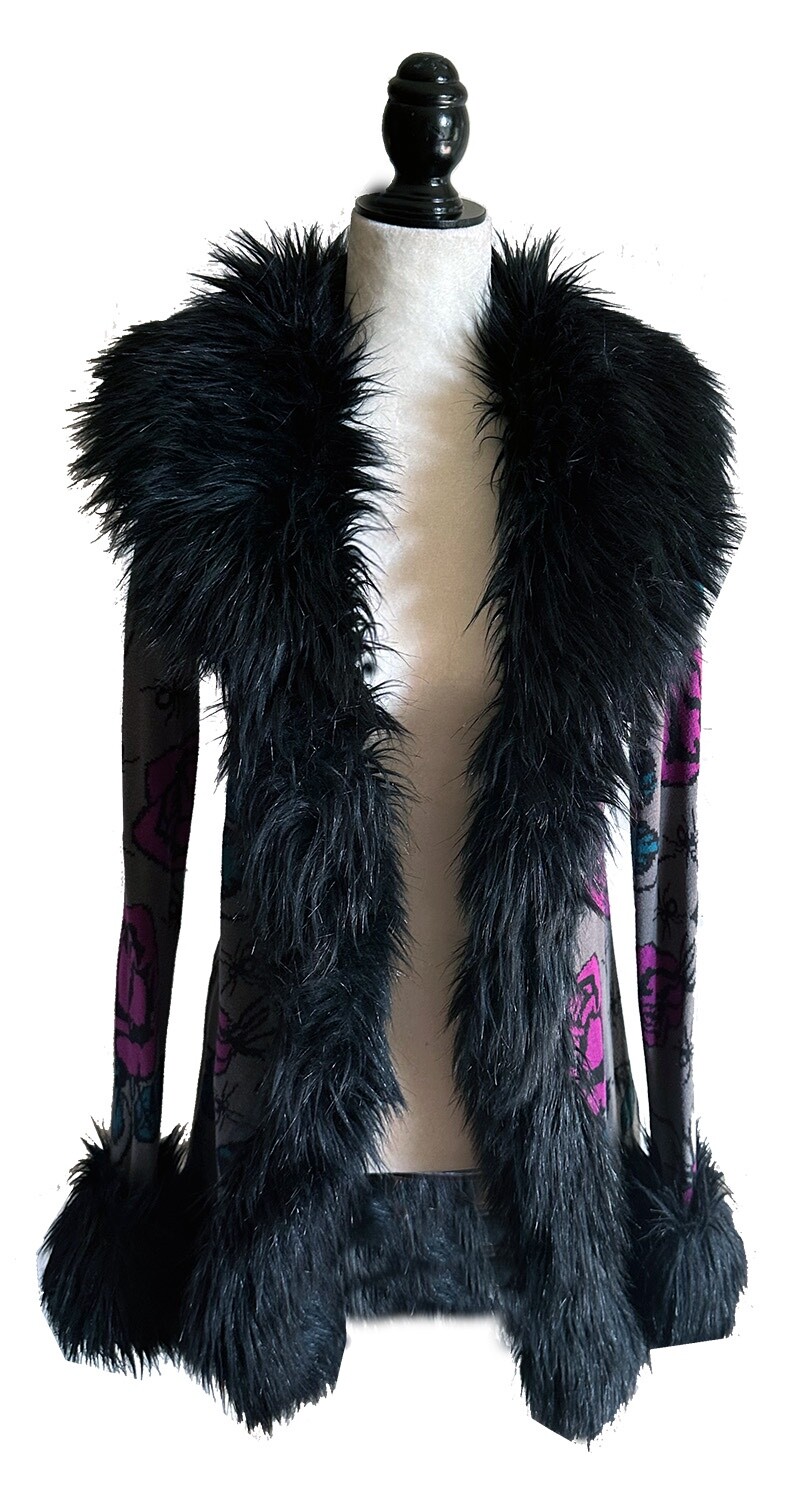 Betsey Johnson Spider Rose Sweater Coat Duster Vintage Faux Fur Purple ...