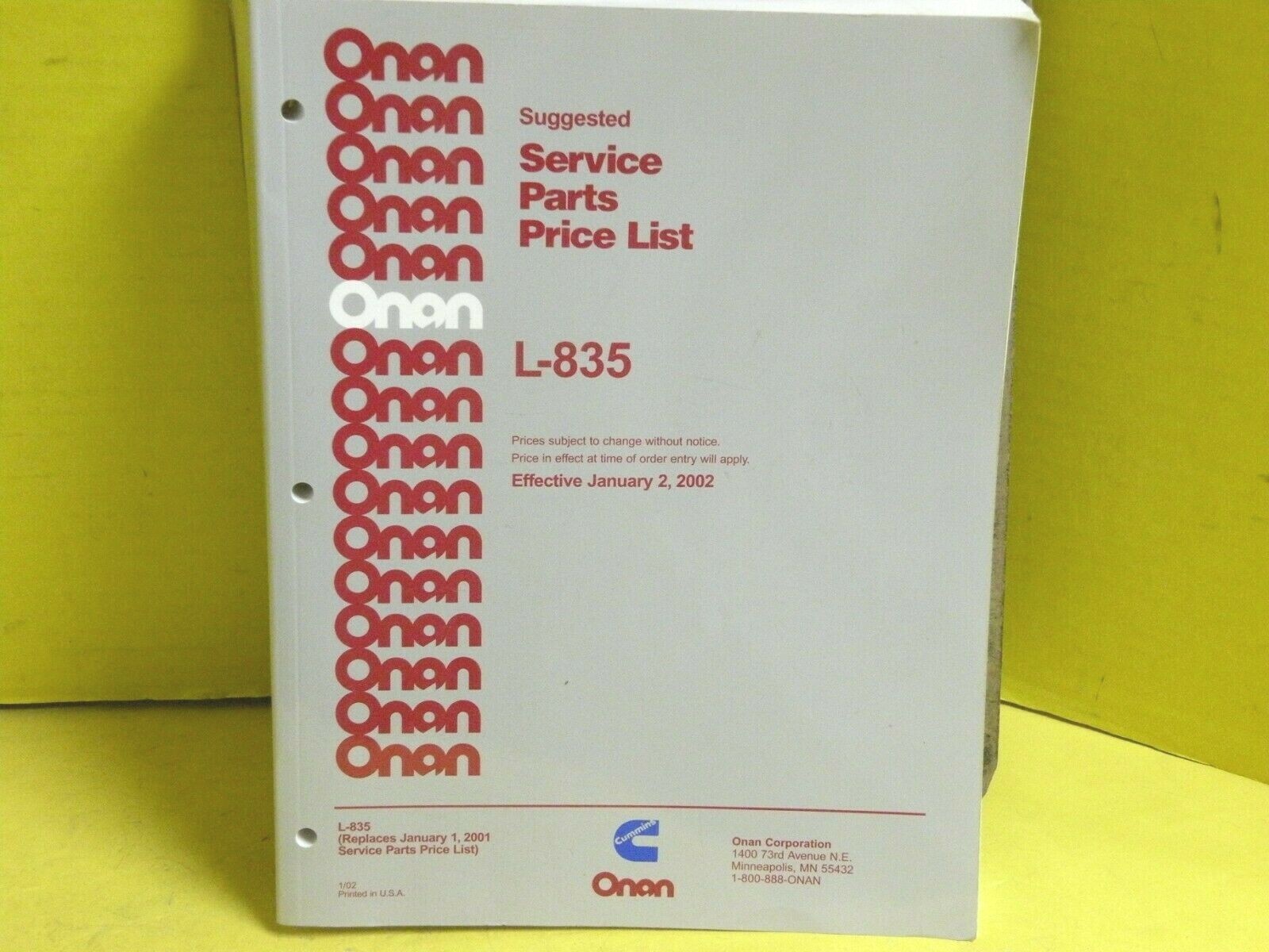 2002 ONAN CATALOG Obsolete & Superseded Number Price MANUAL 413 PAGE ...