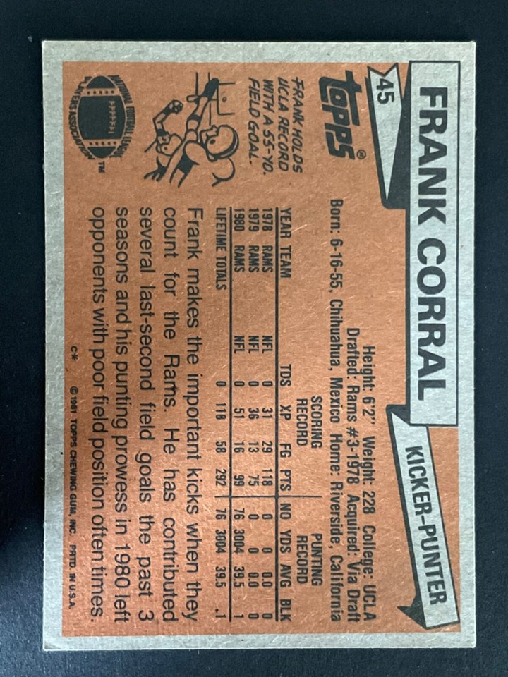 Frank Corral 1981 Topps Football Card #45 Los Angeles Rams Kicker ...