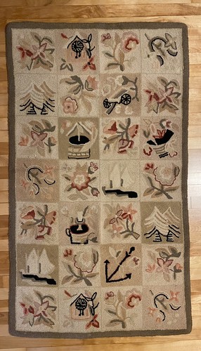 Primitive American Vintage hand-hooked woolen Geometric Pictorial rug ...